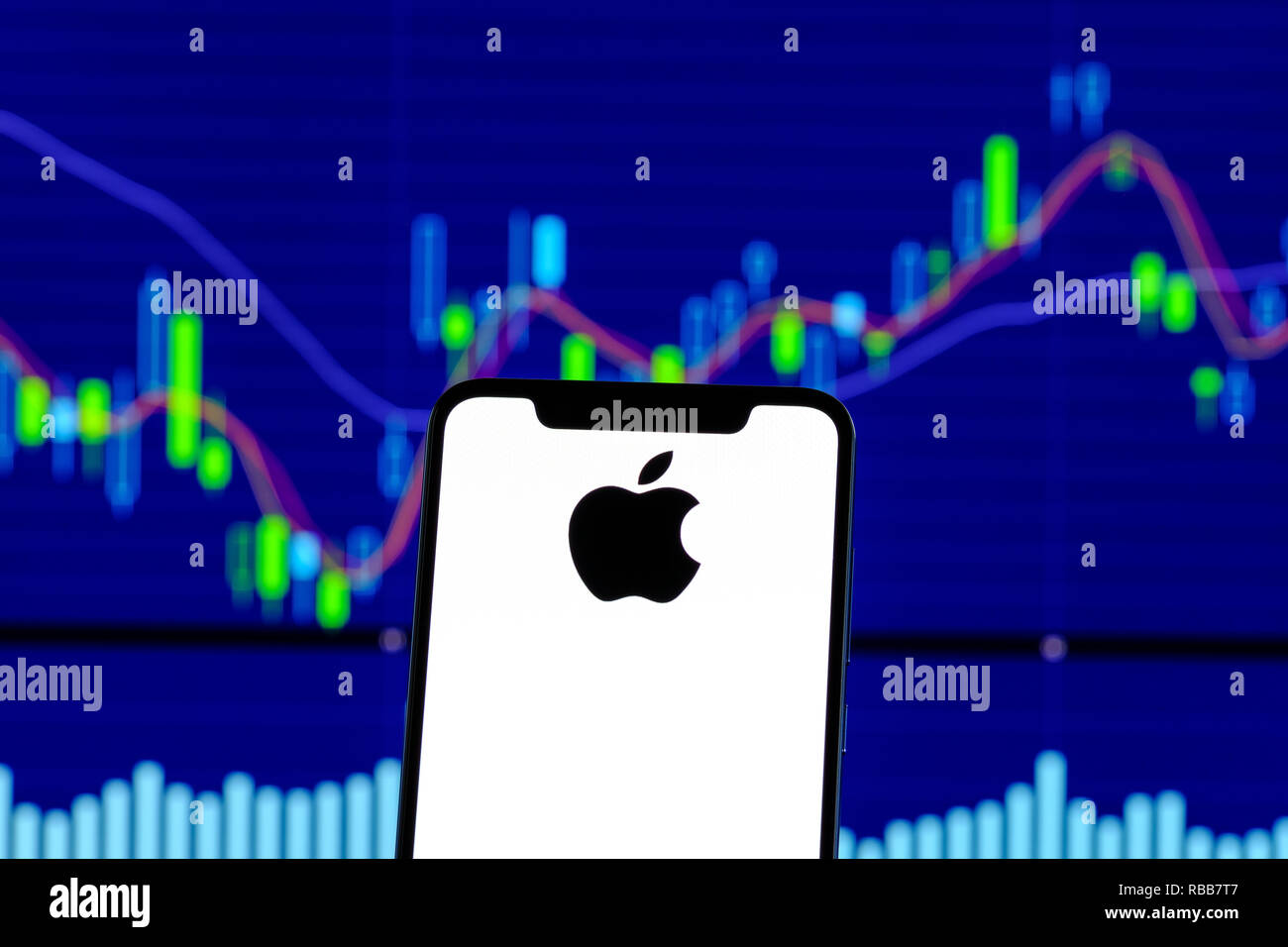 Apple logo is seen on an smartphone over stock chart Stock Photo - Alamy