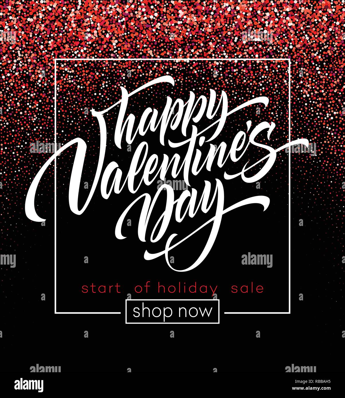 Happy Valentines Day Lettering Greeting Card On Red Glitter Background