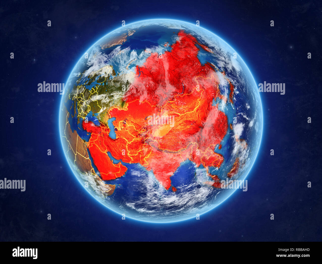 Asia from space. Planet Earth with country borders and extremely high ...