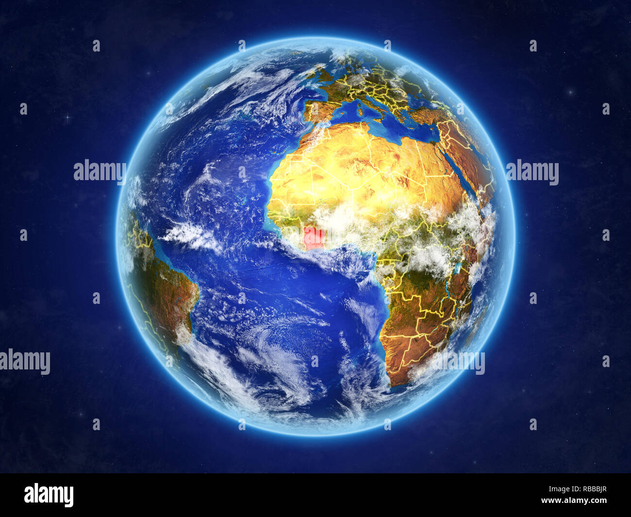 Ivory Coast from space. Planet Earth with country borders and extremely ...