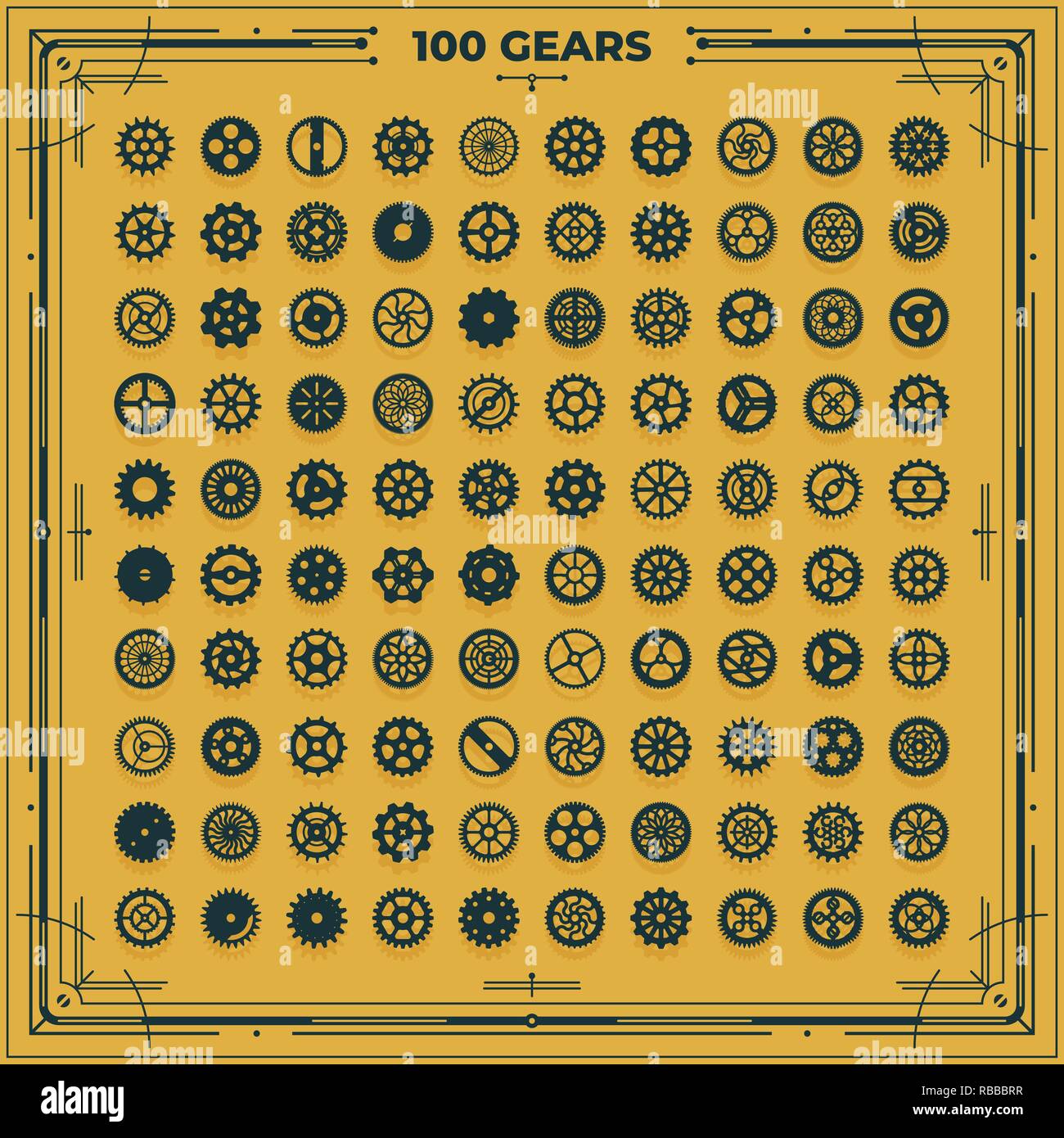 Vector steampunk gears set victorian era vintage style clockwork illustration metal 100 cogwheel ...