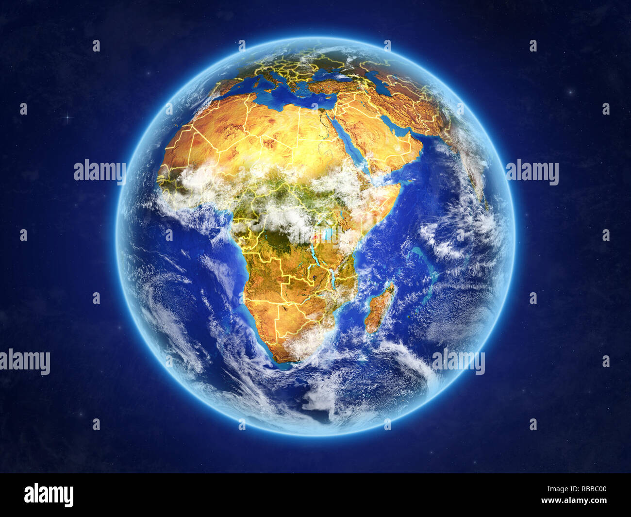 Rwanda from space. Planet Earth with country borders and extremely high ...