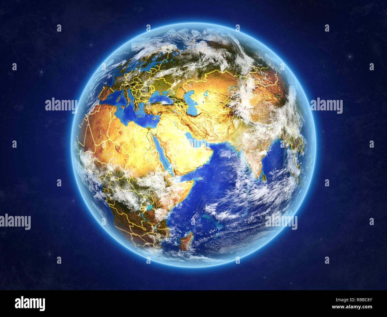 Qatar from space. Planet Earth with country borders and extremely high ...