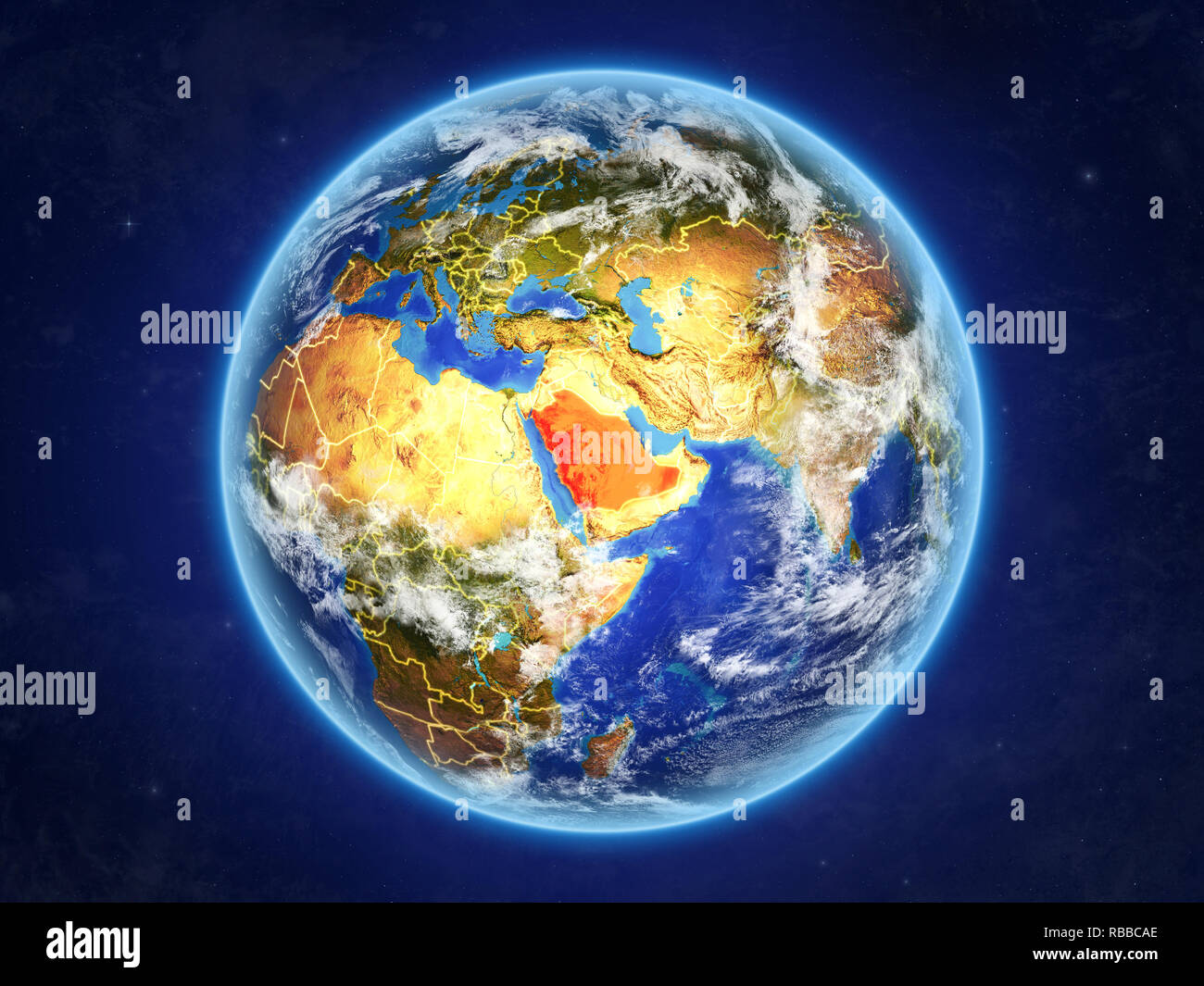 Saudi Arabia from space. Planet Earth with country borders and ...