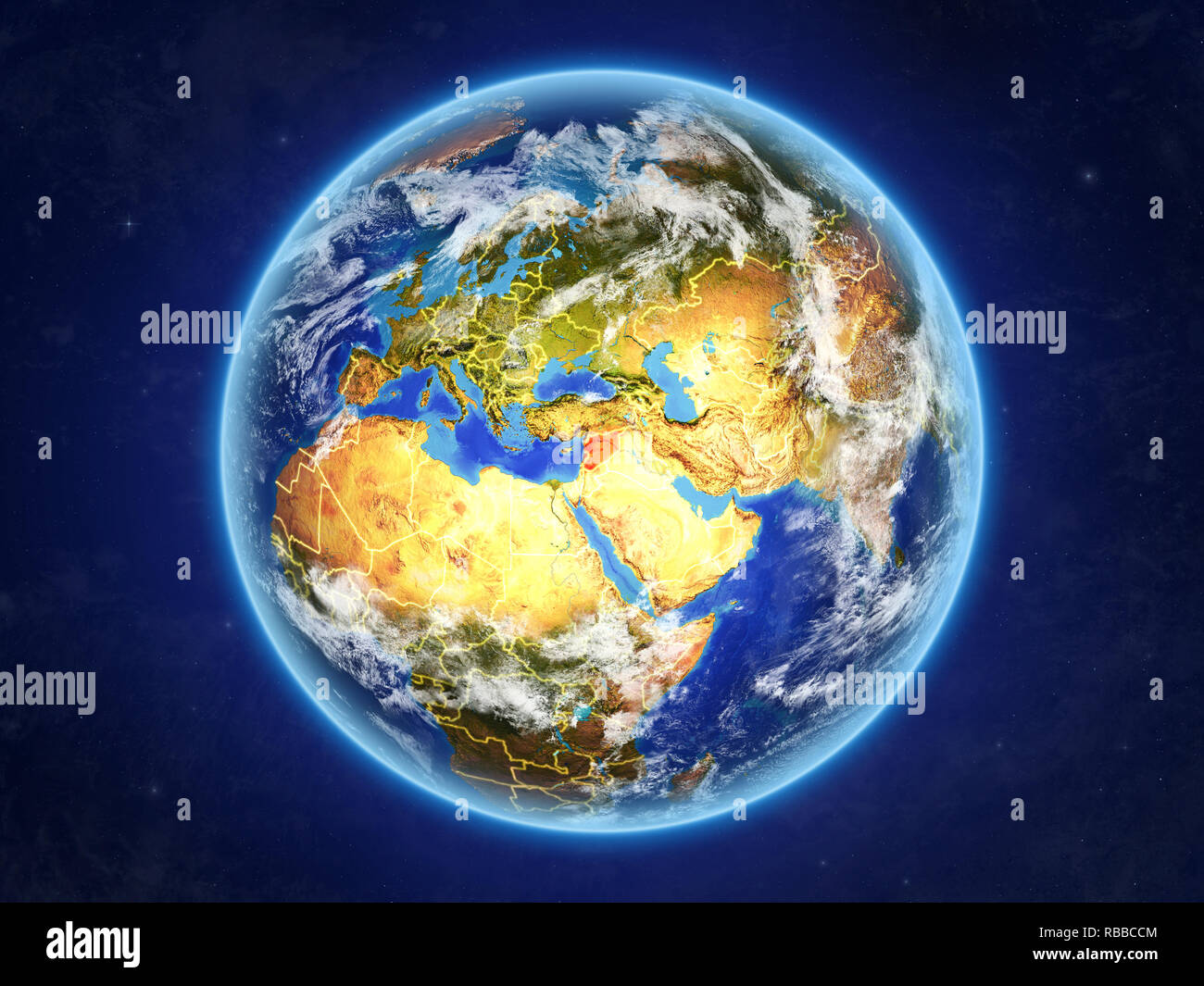 Syria from space. Planet Earth with country borders and extremely high ...