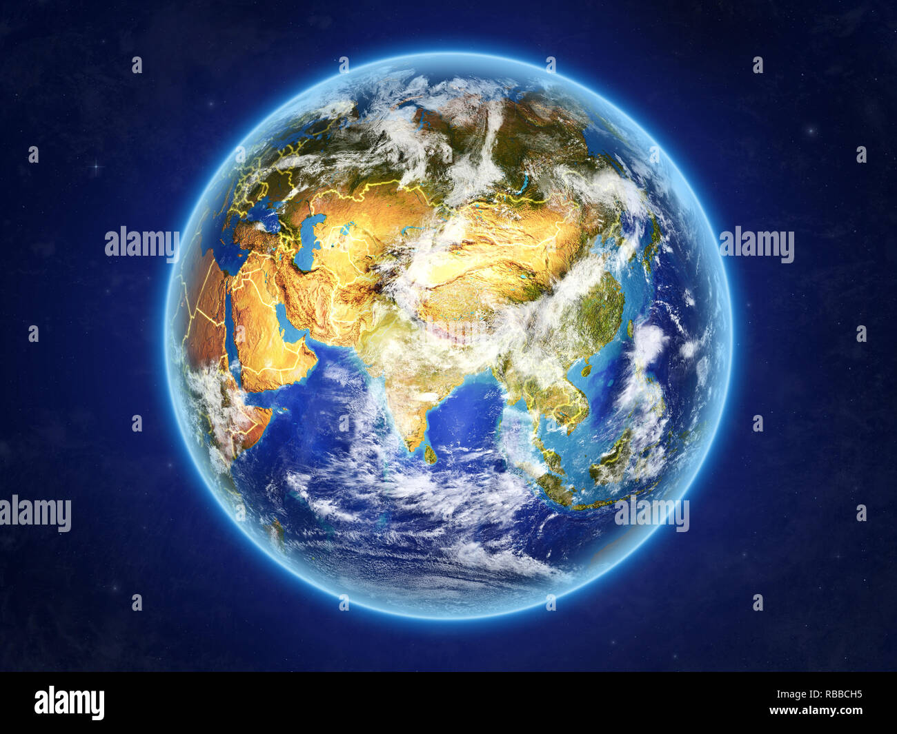 Nepal from space. Planet Earth with country borders and extremely high ...