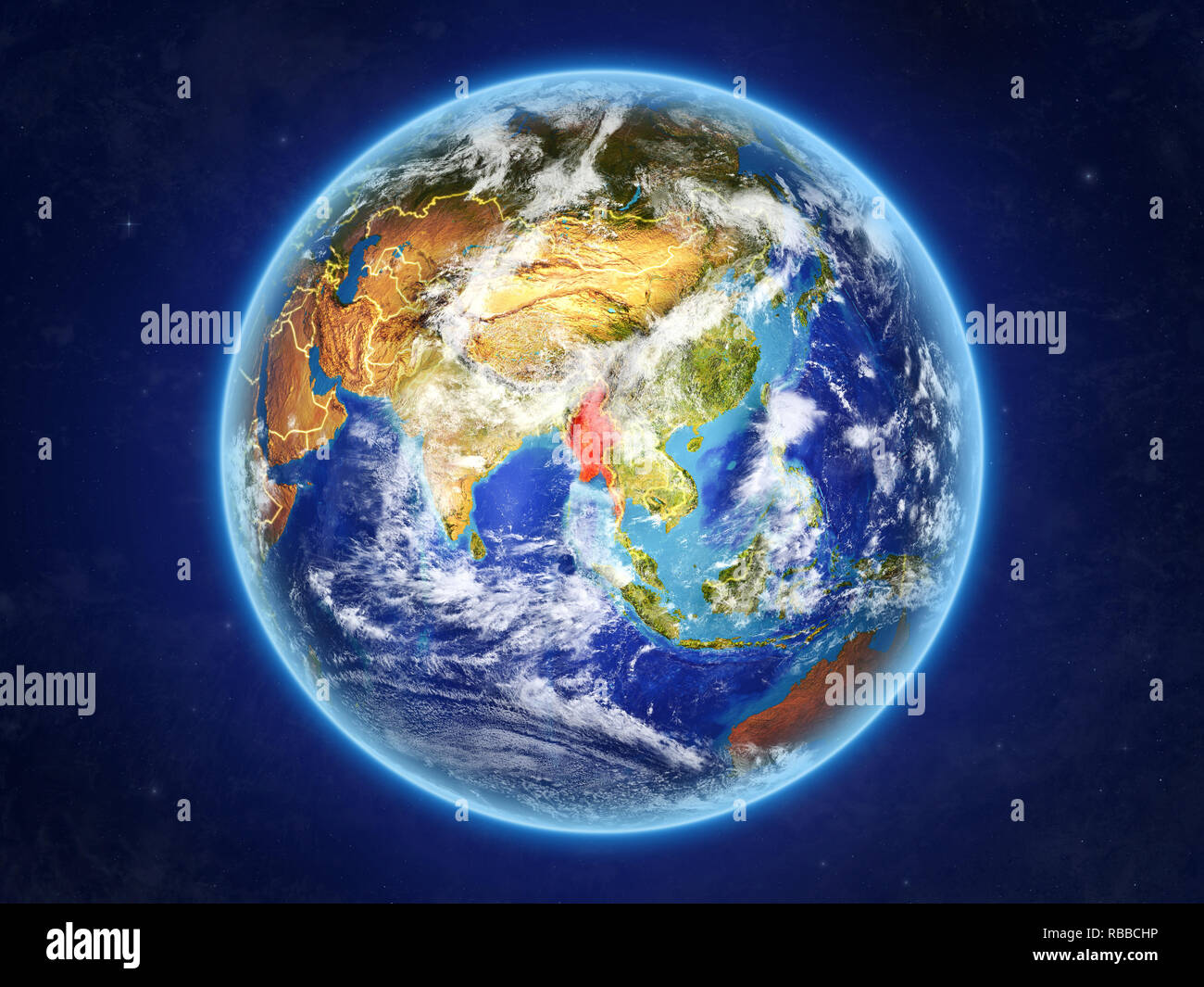 Myanmar from space. Planet Earth with country borders and extremely ...
