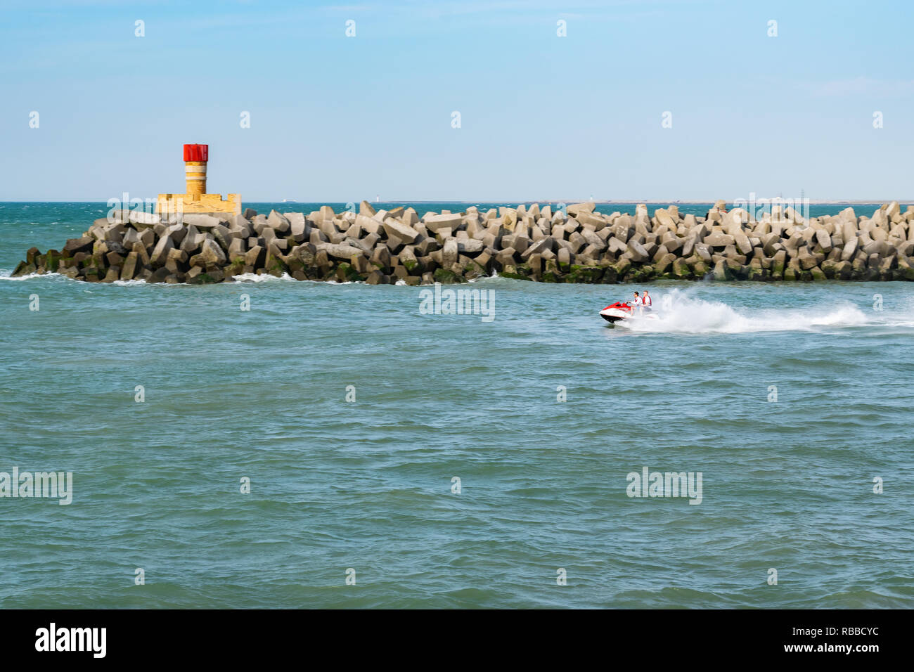 Grand-Fort-Philippe,FRANCE-July 18,2017: Water scooter with two men at ...