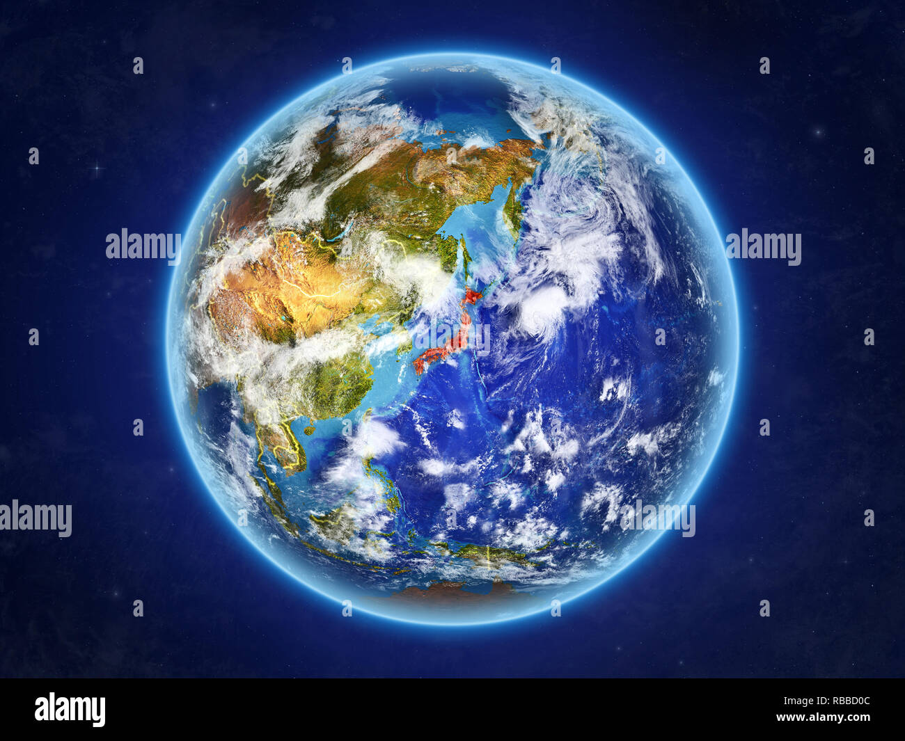 Japan from space. Planet Earth with country borders and extremely high ...