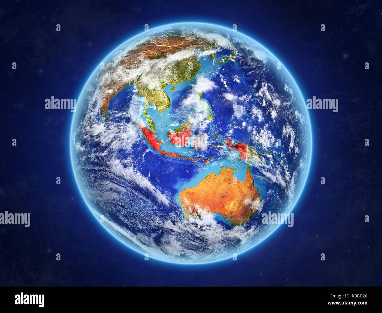 Indonesia from space. Planet Earth with country borders and extremely ...