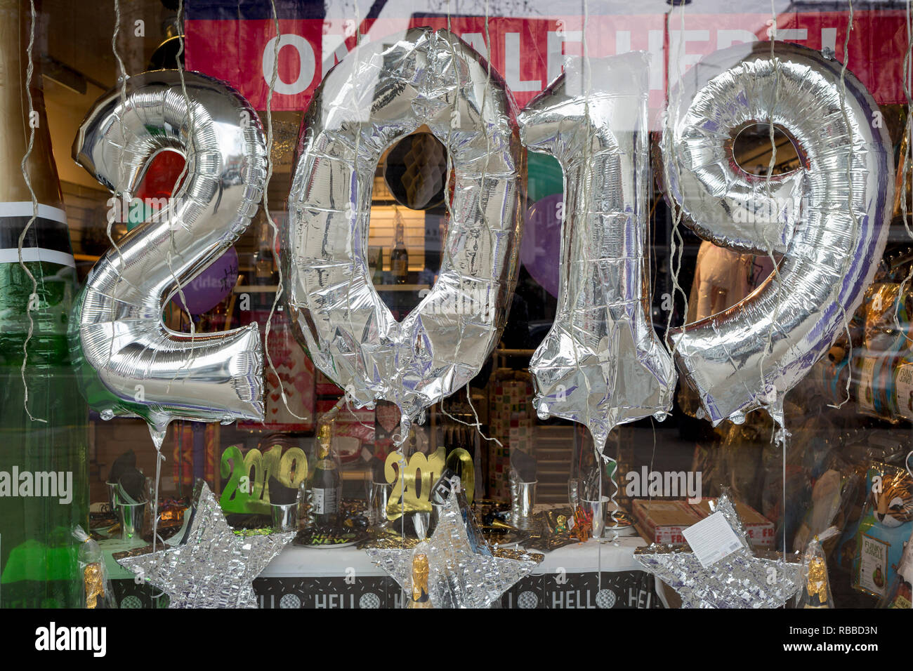 2019 balloons on display in a party shop on Kensington High Street, on ...