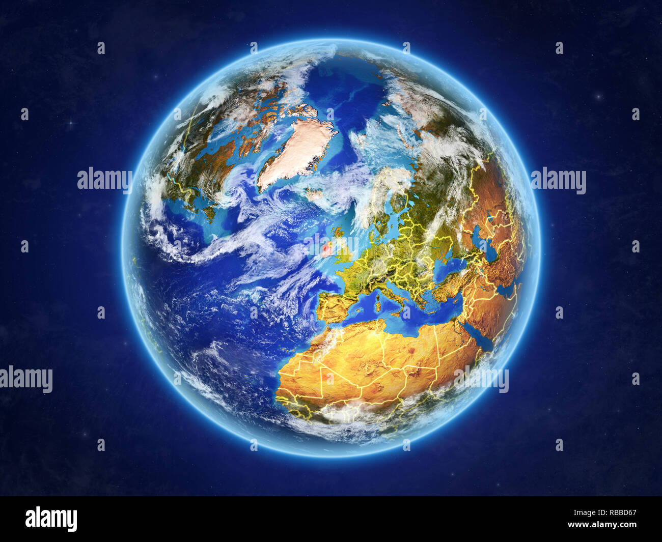 Ireland from space. Planet Earth with country borders and extremely ...