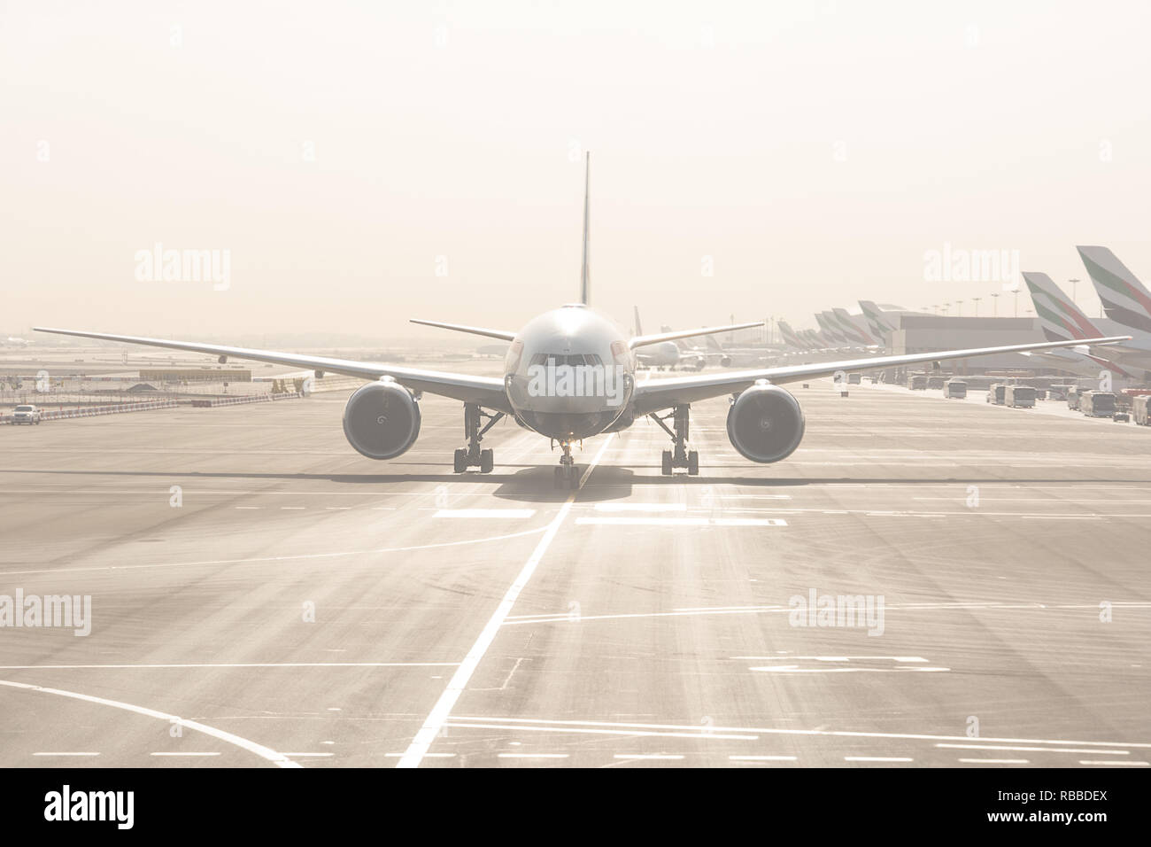 Dubai, UAE - October 31, 2018; Airplane taking off on the international ...