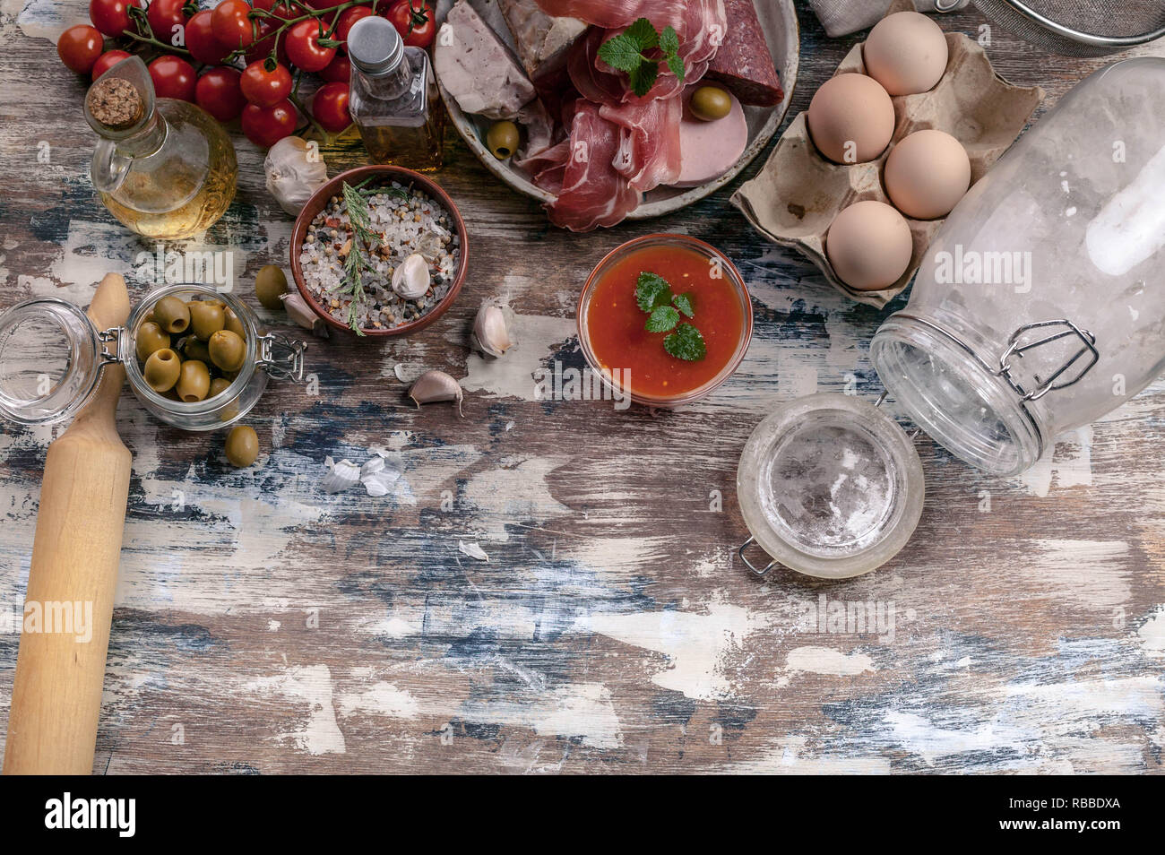 Ingredients for cooking traditional Italian pizza. Top view Stock Photo ...
