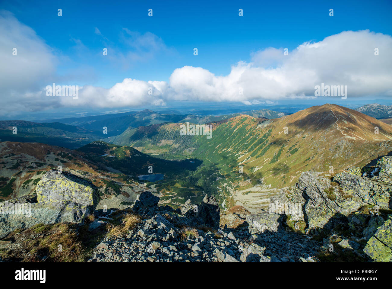 rocky Tatra mountain tourist hiking trails under blue sky and ...