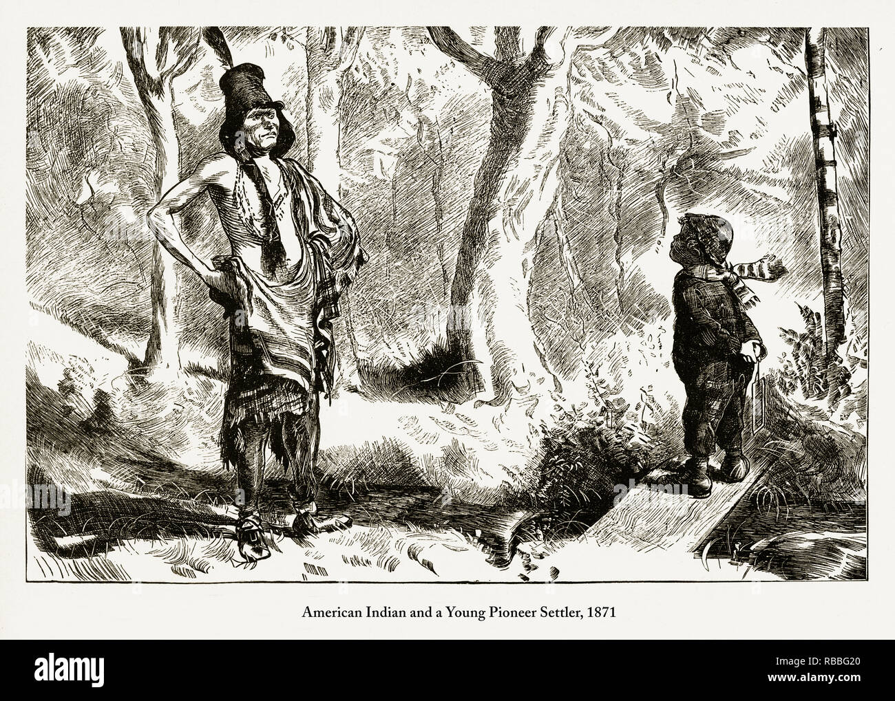 American Indian and a Young Pioneer Settler Engraving, 1871 Stock Photo ...