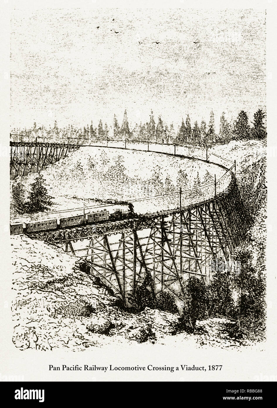 Pan Pacific Railway Locomotive Crossing a Viaduct Engraving, 1877 Stock ...
