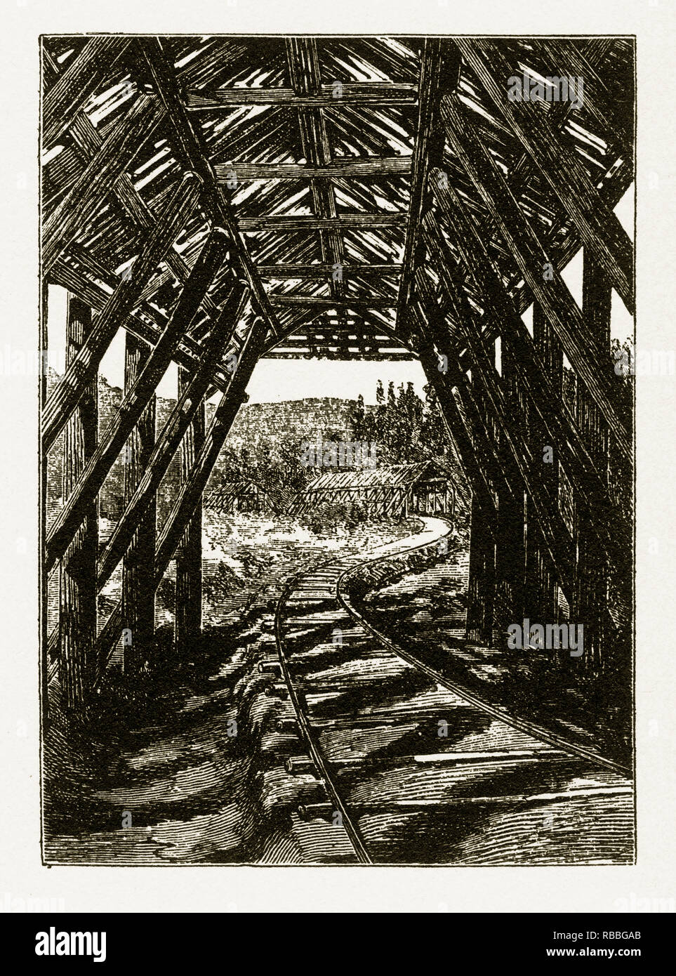 Railway Covered Bridge, Early American Engraving, 1887 Stock Photo - Alamy
