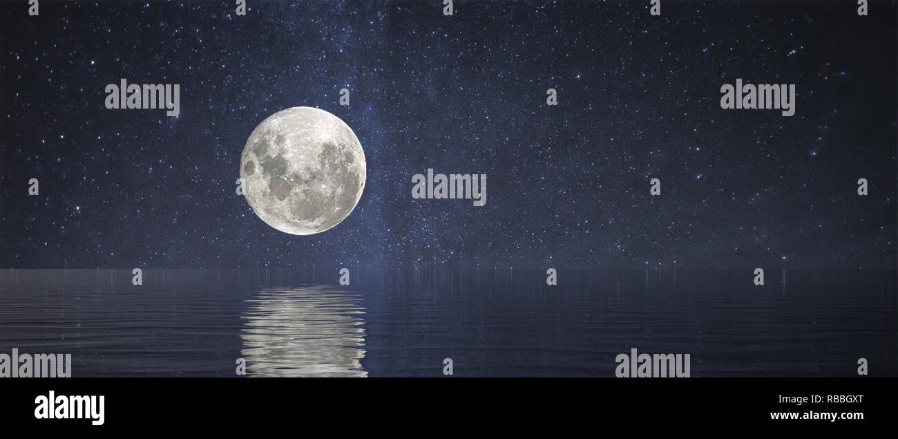 A Full Moon at Sea or over a lake with stars and reflection Stock Photo ...