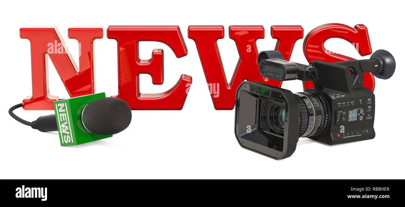 TV News concept with television camera and microphone. 3D rendering ...