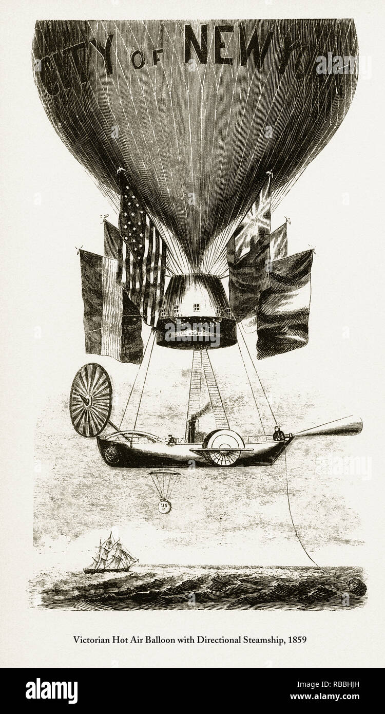 Victorian Hot Air Balloon with Directional Steamship, 1859 Stock Photo ...