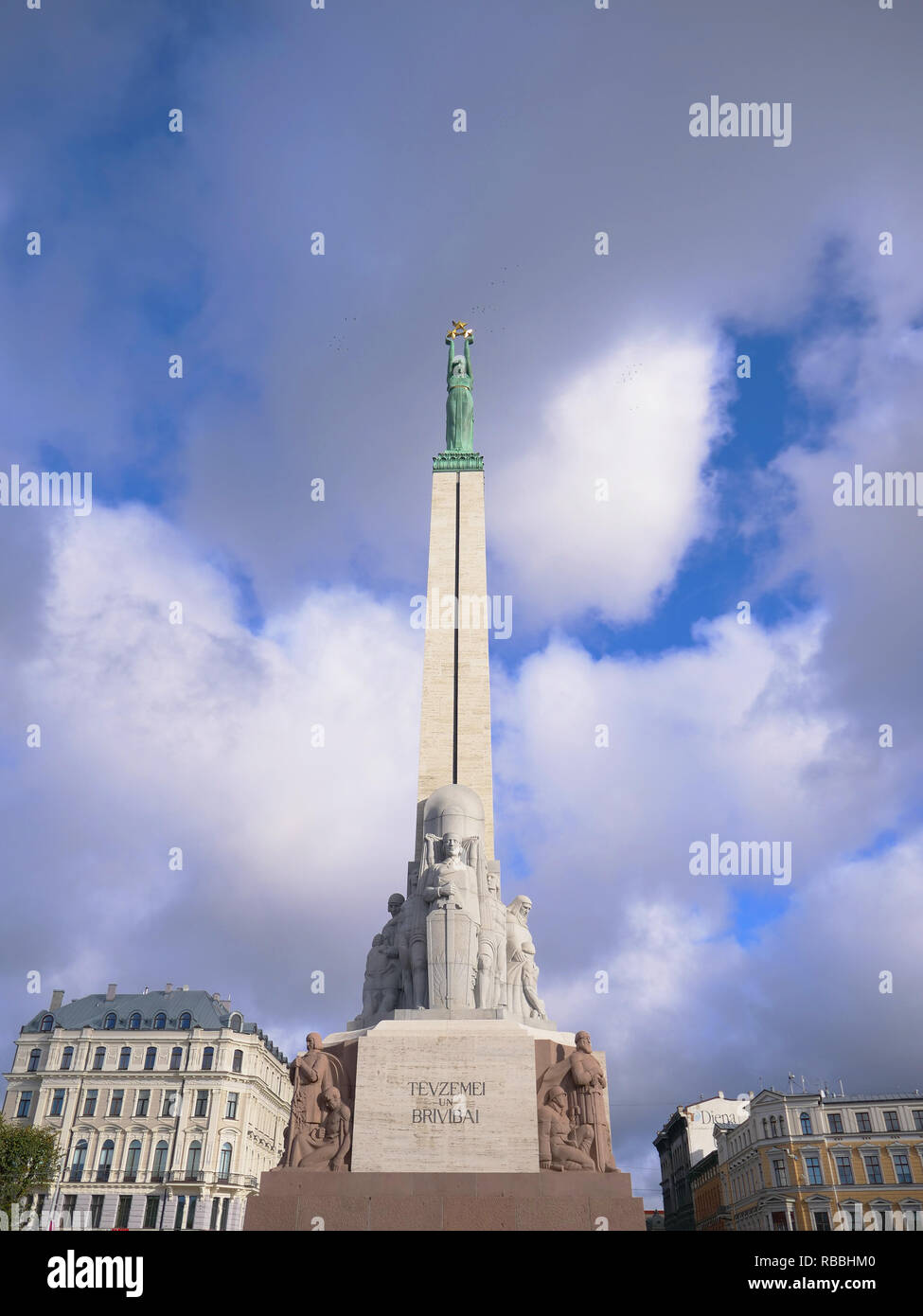 Famous landscape view of statue The Freedom Monument in Latvia Riga old ...