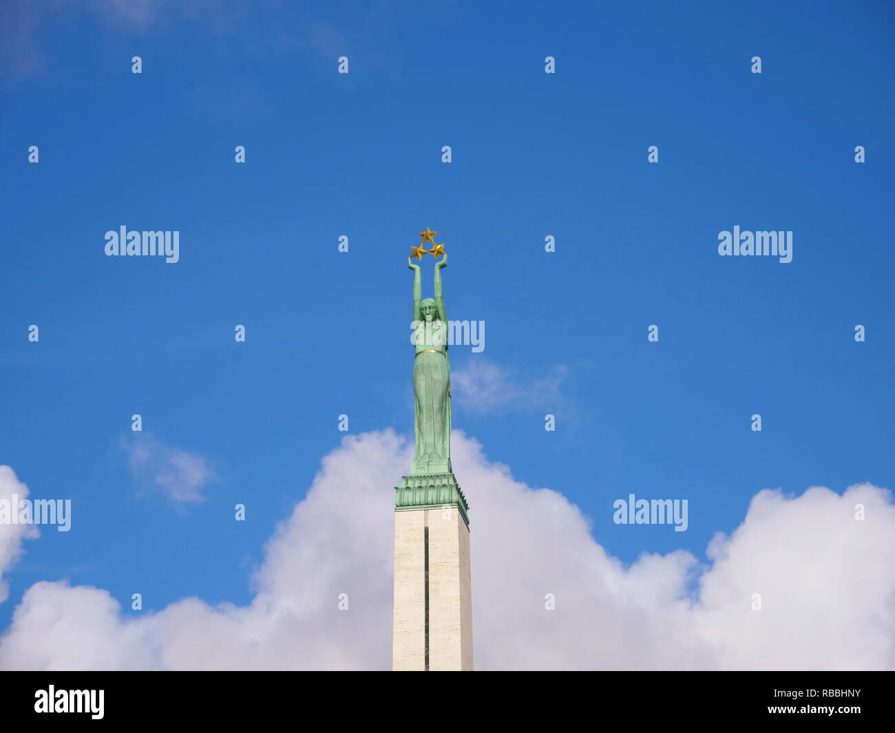 Famous landscape view of statue The Freedom Monument in Latvia Riga old ...