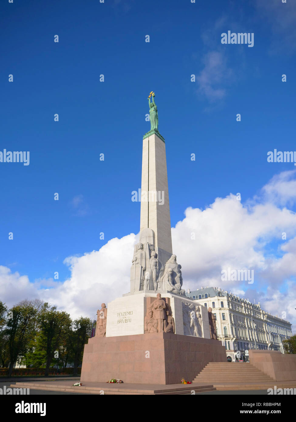 Famous landscape view of statue The Freedom Monument in Latvia Riga old ...