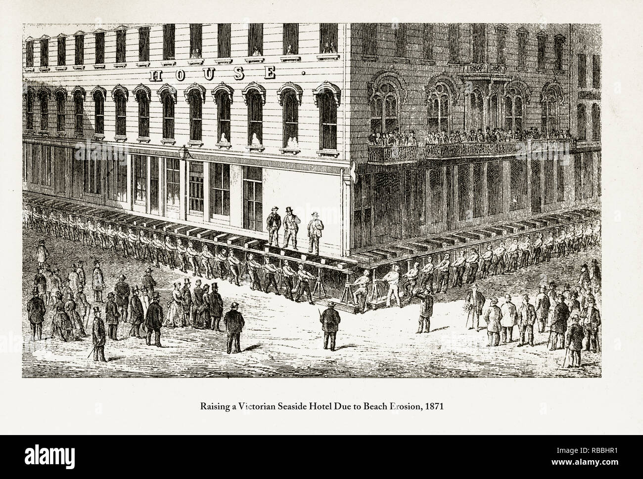 Raising a Victorian Seaside Hotel Due to Beach Erosion, 1871 Stock ...