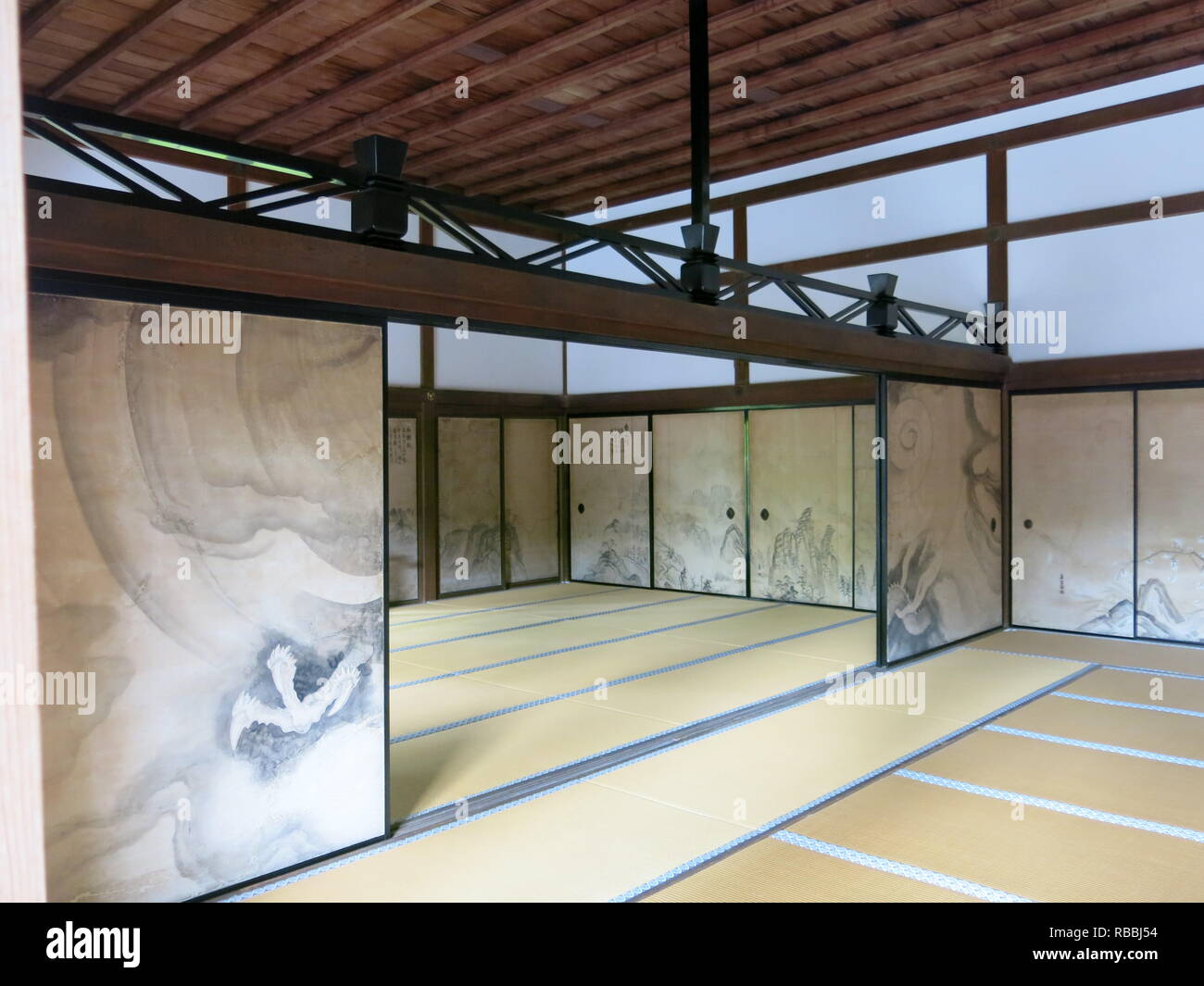 The interior of the Kuri or main temple hall with its tatami mats and ...