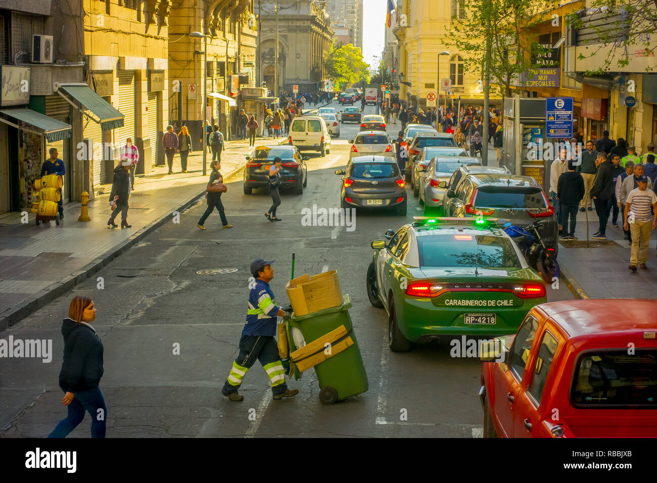 SANTIAGO, CHILE - SEPTEMBER 13, 2018: Above view of cars in the traffic ...