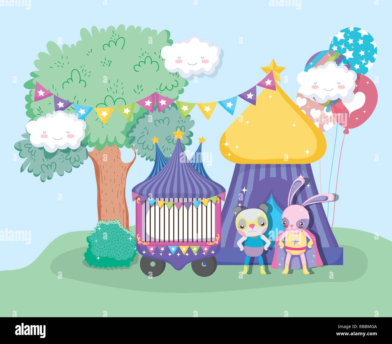 circus car and big top with rabbit and panda heroes costume Stock ...