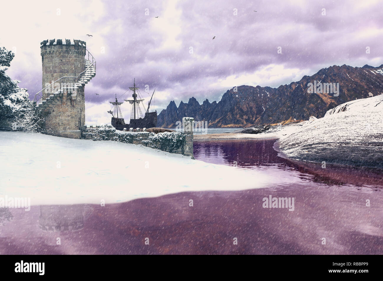 A fantasy landscape of a northern Land with a castle and sailing ship ...