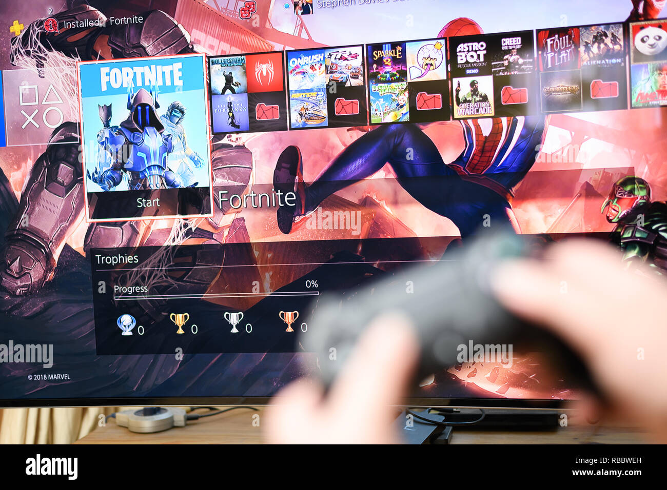 Cardiff, Wales - January 09, 2019: Fortnite video game on PlayStation ...