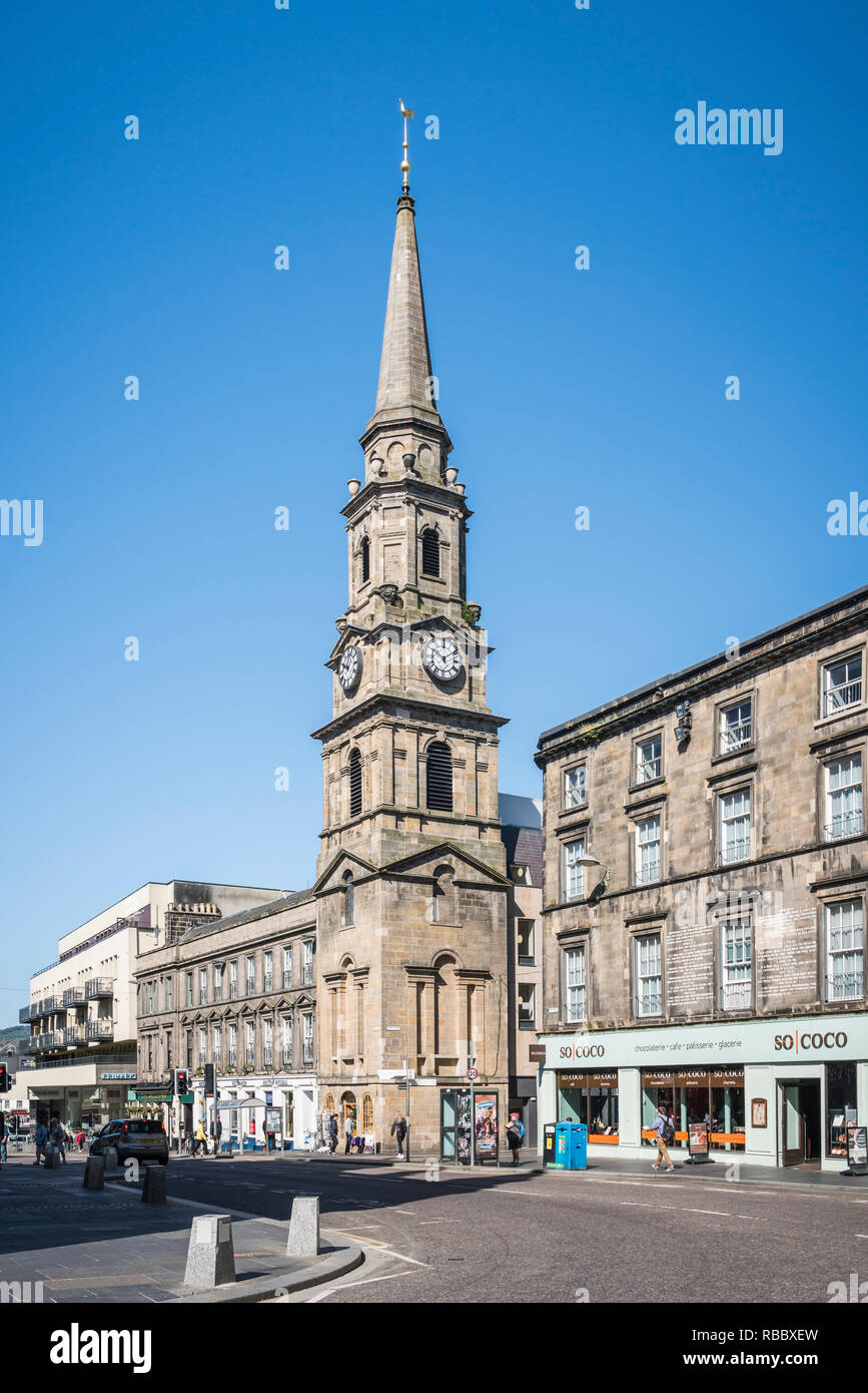 A steeple and clock tower on High Street in downtown Inverness ...