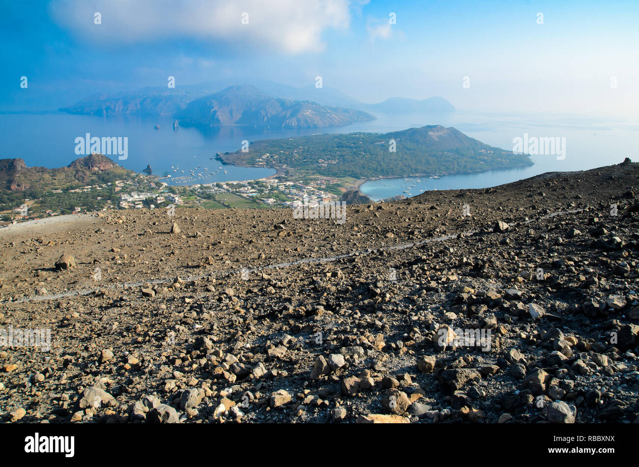 Panoramic aerial view of Lipari and Vulcanello from the top of the ...