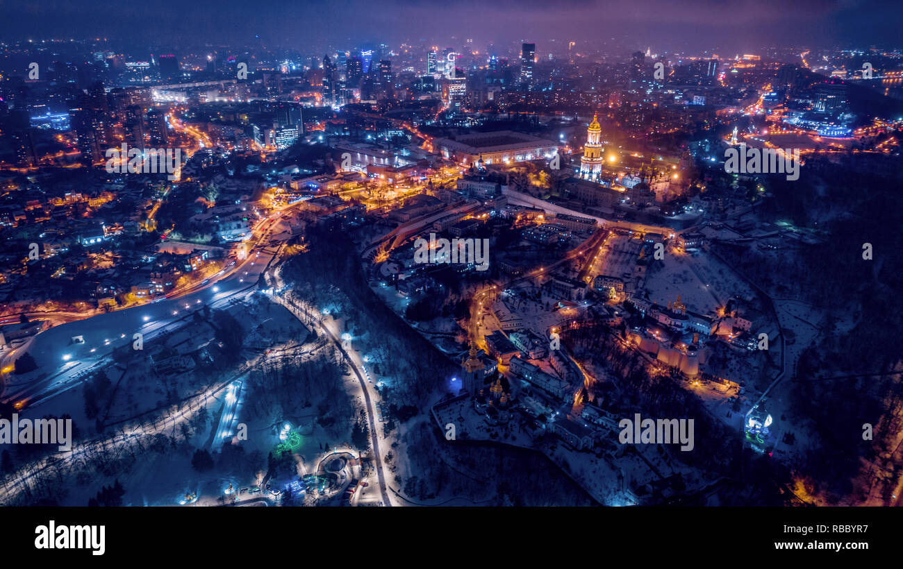 Spectacular nighttime skyline of a big city at night. Kiev, Ukraine ...