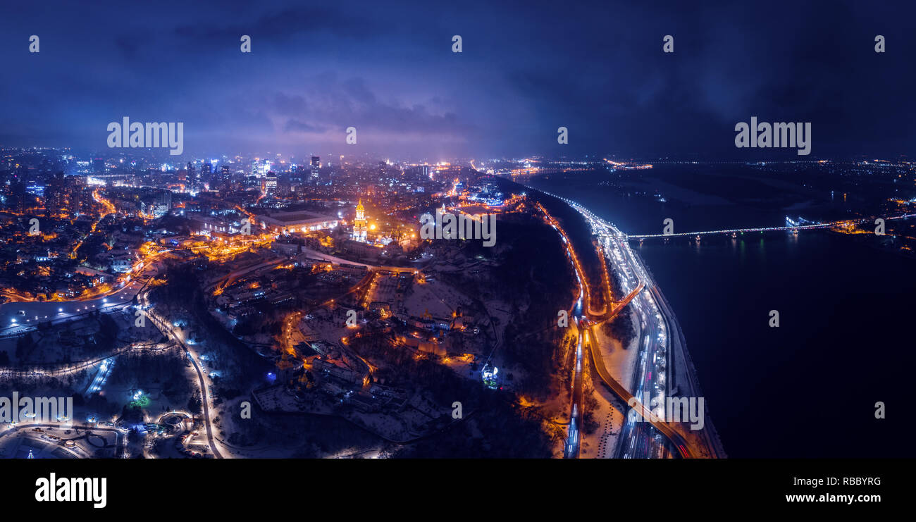 Spectacular nighttime skyline of a big city at night. Kiev, Ukraine ...