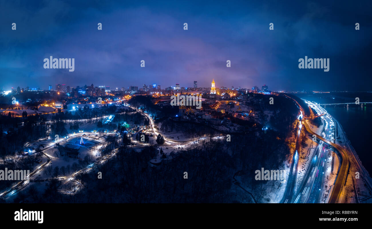 Spectacular nighttime skyline of a big city at night. Kiev, Ukraine ...