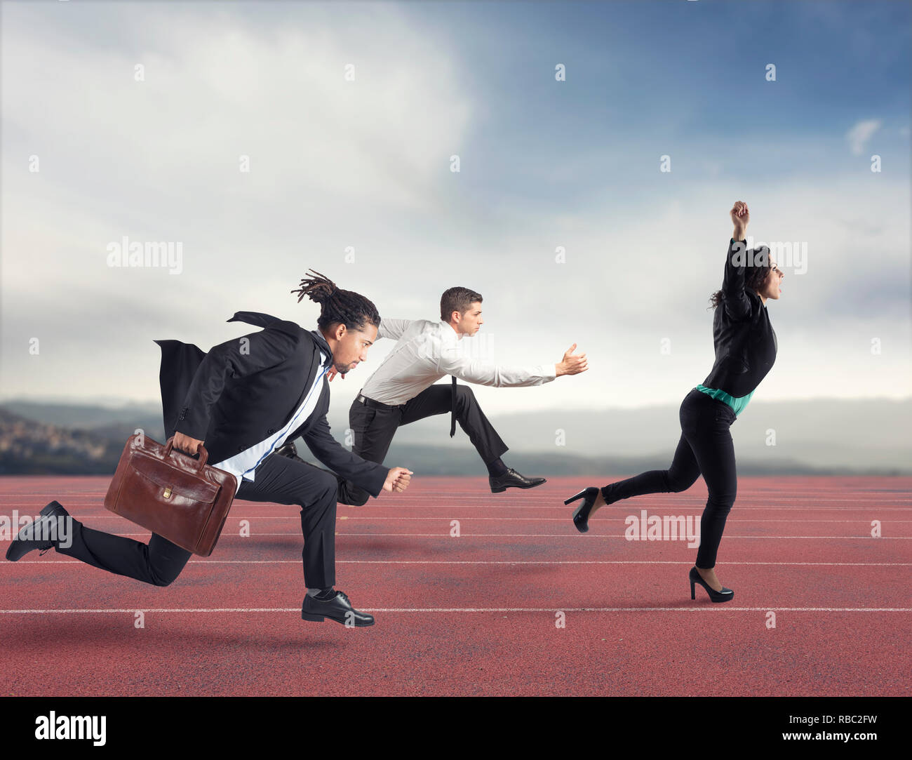Businesswoman wins a run contest against the competitors. Concept of ...