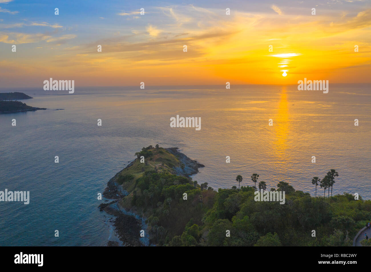 aerial photography sunset above the great lighthouse at Promthep cape ...