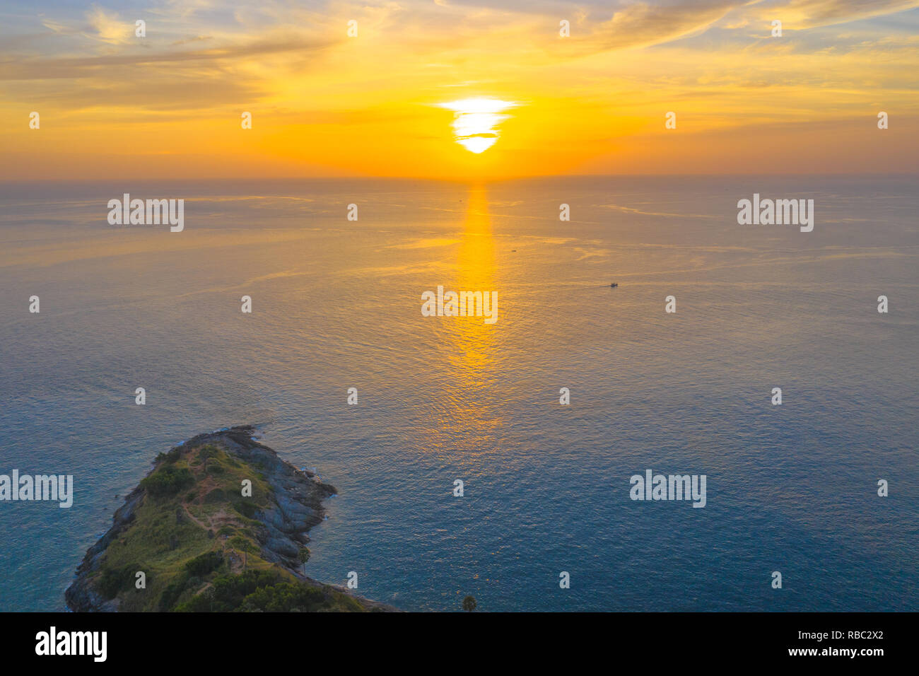 aerial photography sunset above the great lighthouse at Promthep cape ...