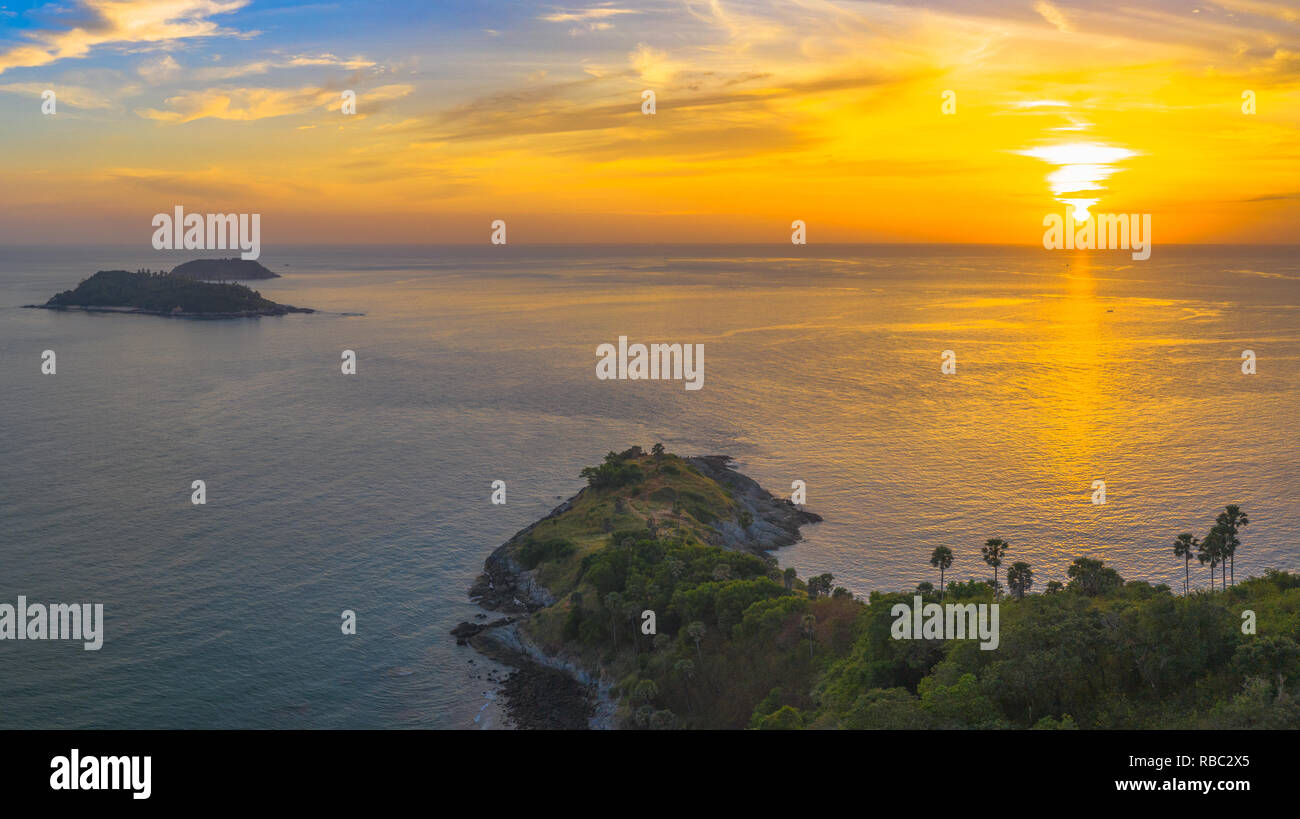 aerial photography sunset above the great lighthouse at Promthep cape ...