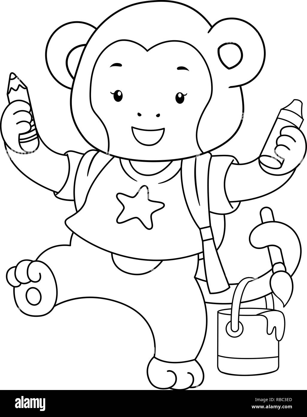 Coloring Illustration of a Monkey Student with Backpack and Holding ...