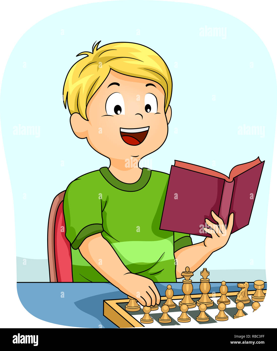 Illustration of a Kid Boy Reading a Book and Practicing Chess Moves ...