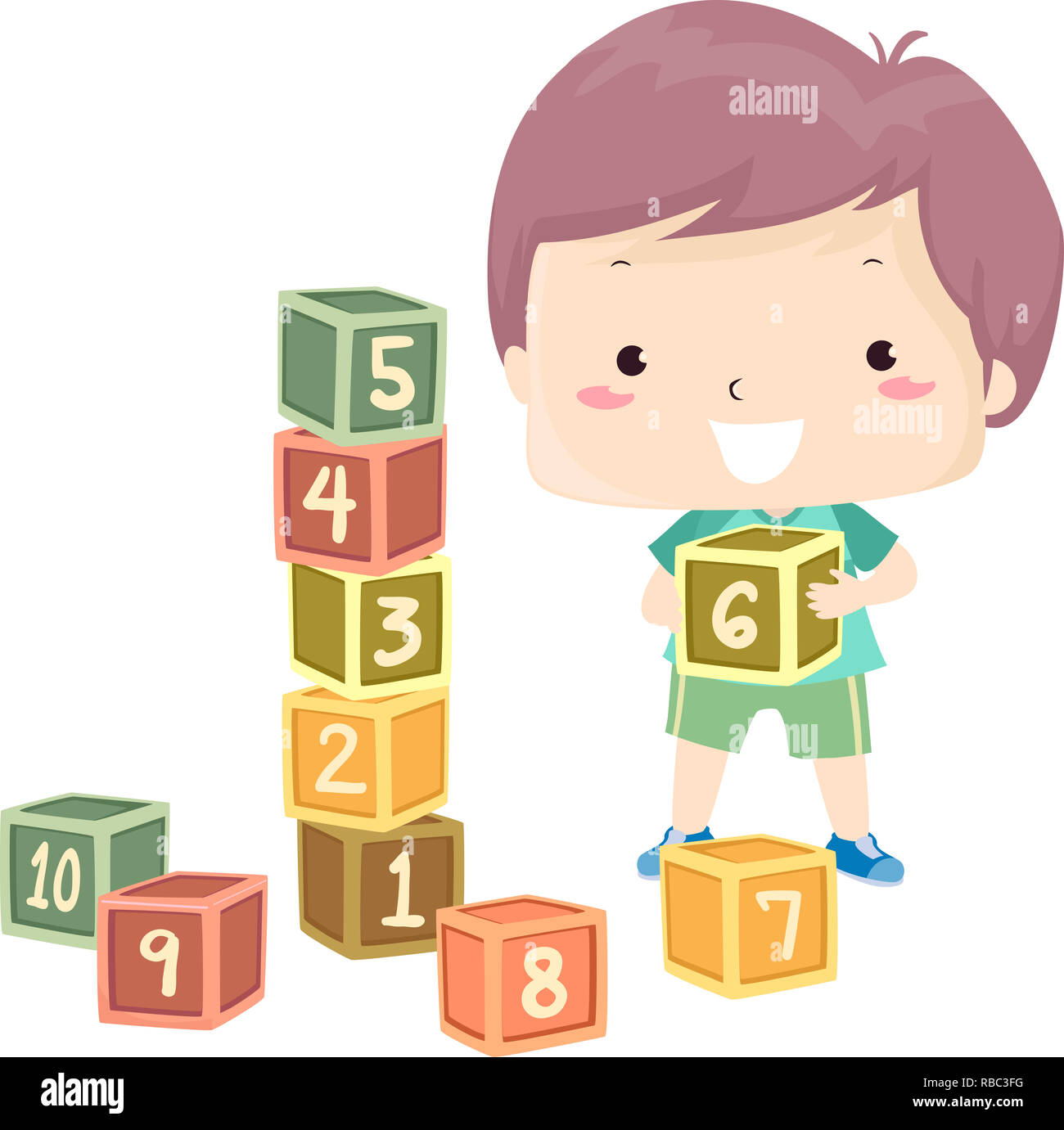Illustration of a Kid Boy Counting and Building a Cube Tower Stock ...