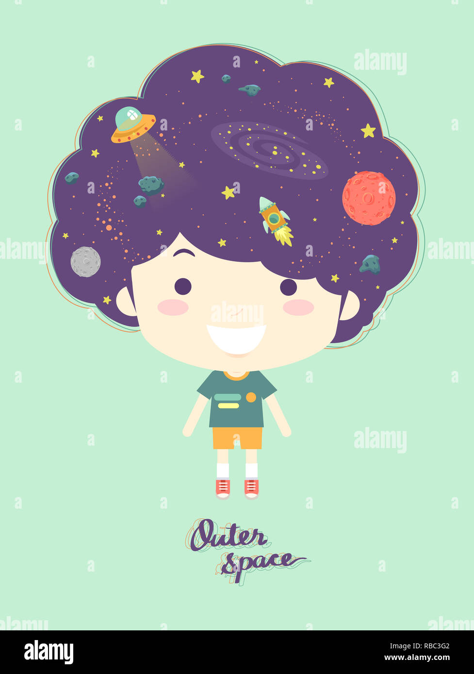 Illustration of a Kid Boy with Outer Space on His Head Stock Photo - Alamy