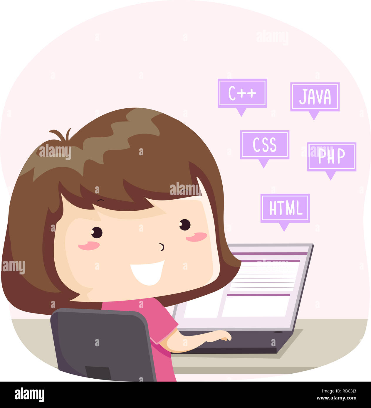 Illustration of a Kid Girl Programming on Her Laptop Using Different ...