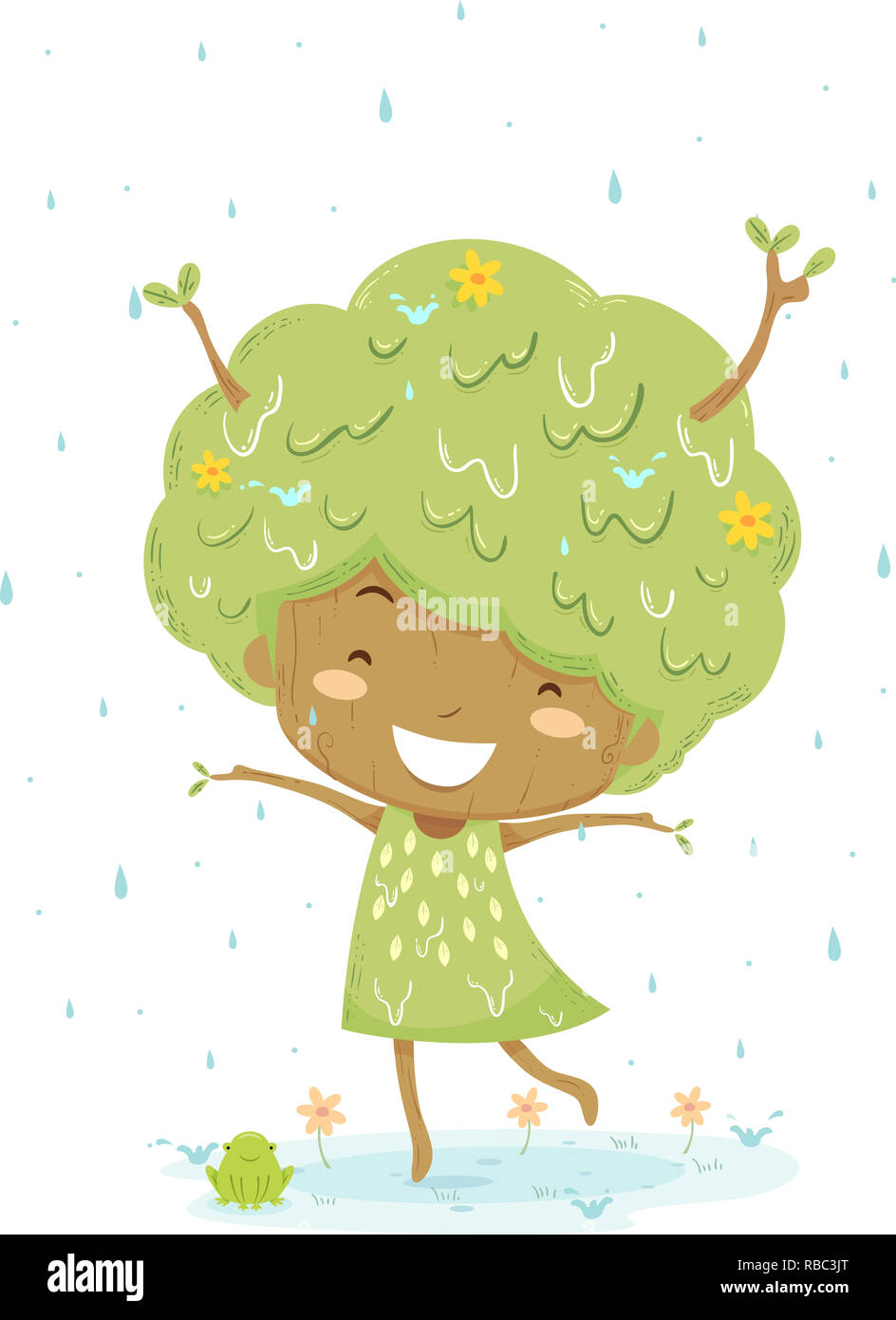Illustration of a Kid Girl Tree Dancing in the Rain with a Frog Stock ...