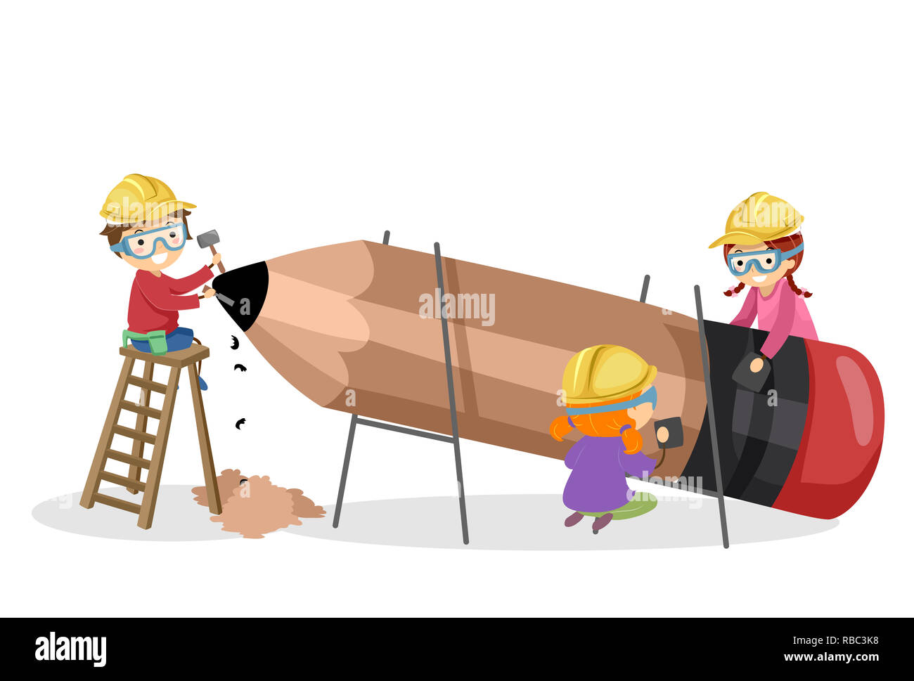 Illustration of Stickman Kids Making a Pencil. Woodworking Project ...